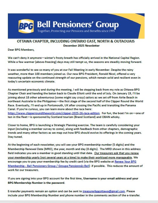 Ottawa Newsletters - Bell Pensioners Group / Groupe Pensionnés Bell